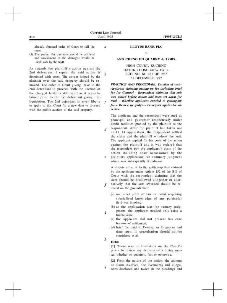 Lloyds Bank PLC V Ang Cheng Ho Quarry & 3 Ors. CLJ - 1993!2!210 | PDF ...