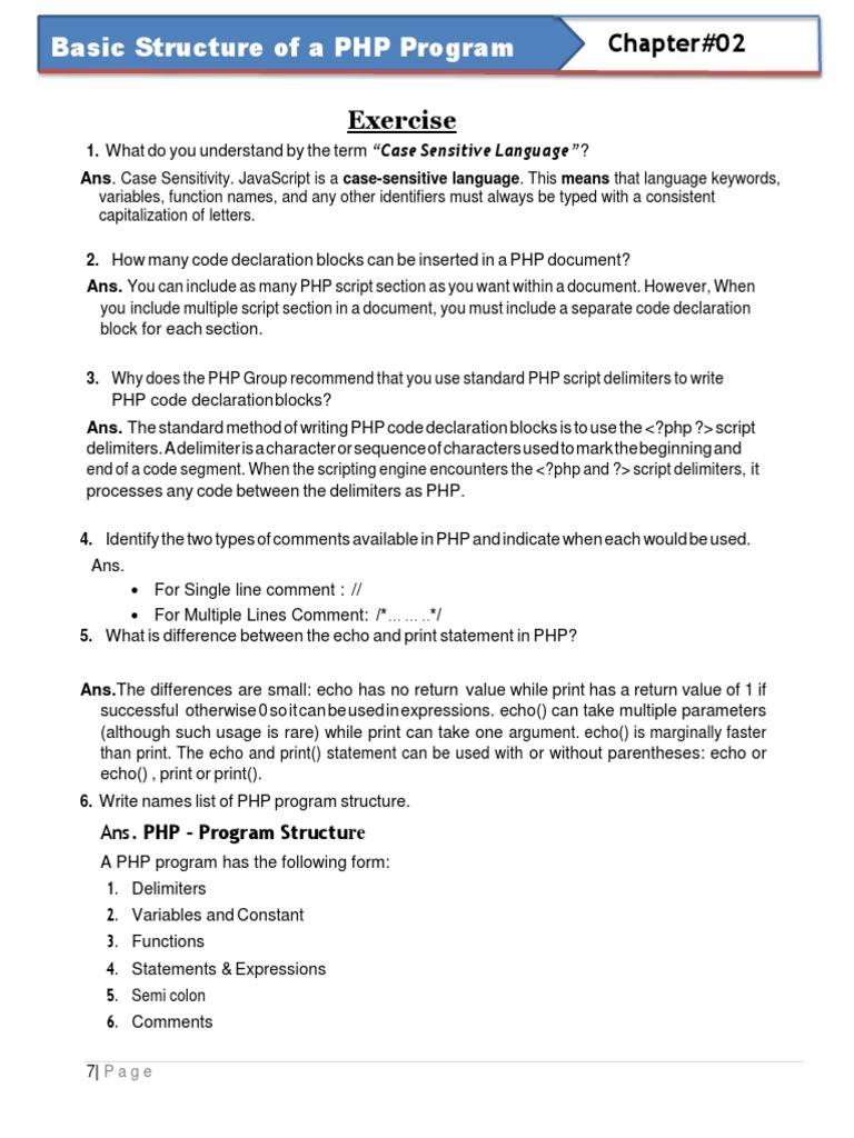 Basic Structure of A PHP Program: Chapter#02 Exercise | PDF | Php | Parameter (Computer Programming)