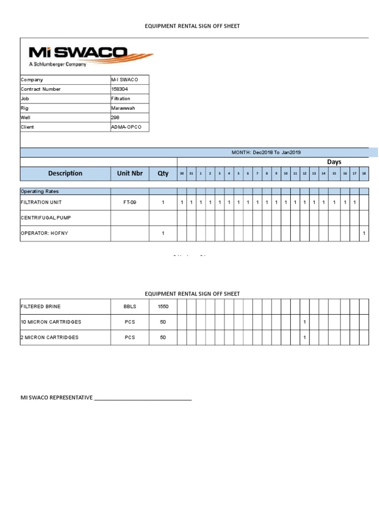 Equipment Rental Sign Off Sheet | PDF | Filtration | Laboratory Equipment