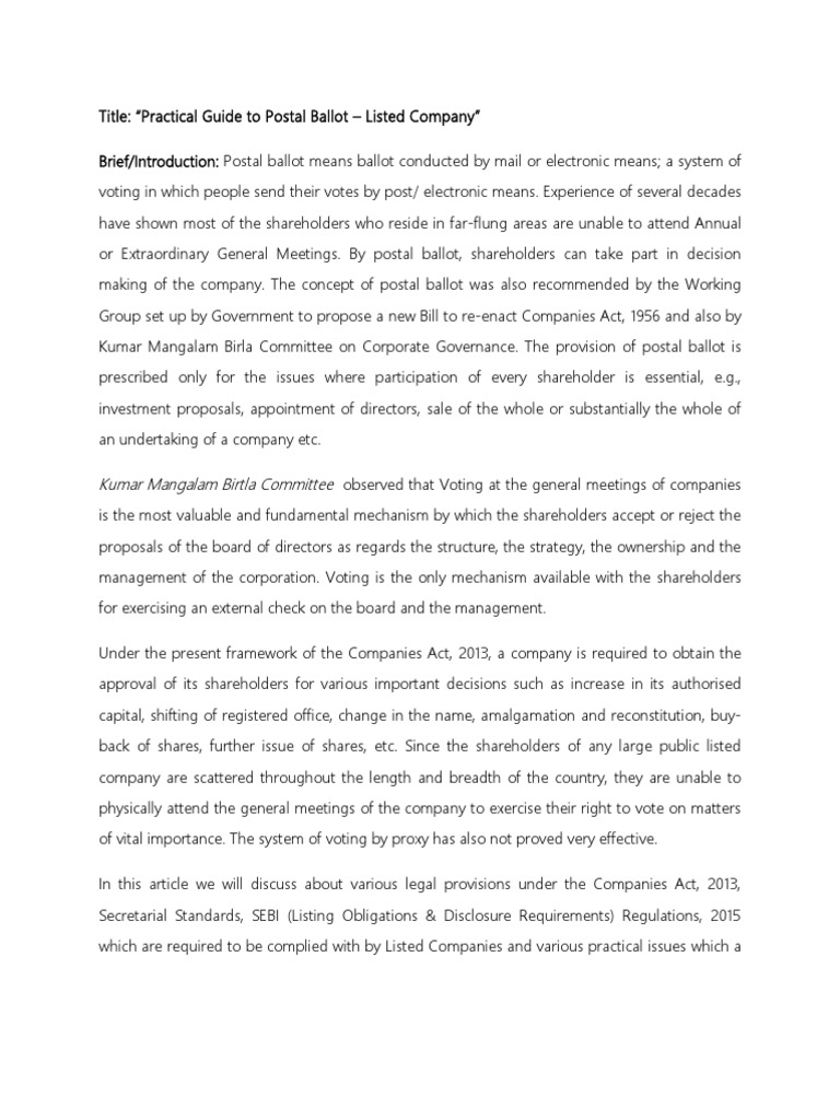 A Comprehensive Guide to Conducting Postal Ballots for Listed Companies ...