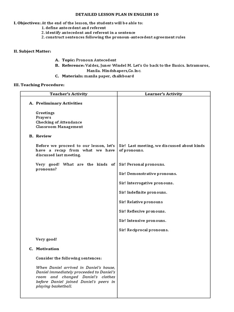 Detailed Lesson Plan in Pronoun Antecedent Agreement | PDF ...