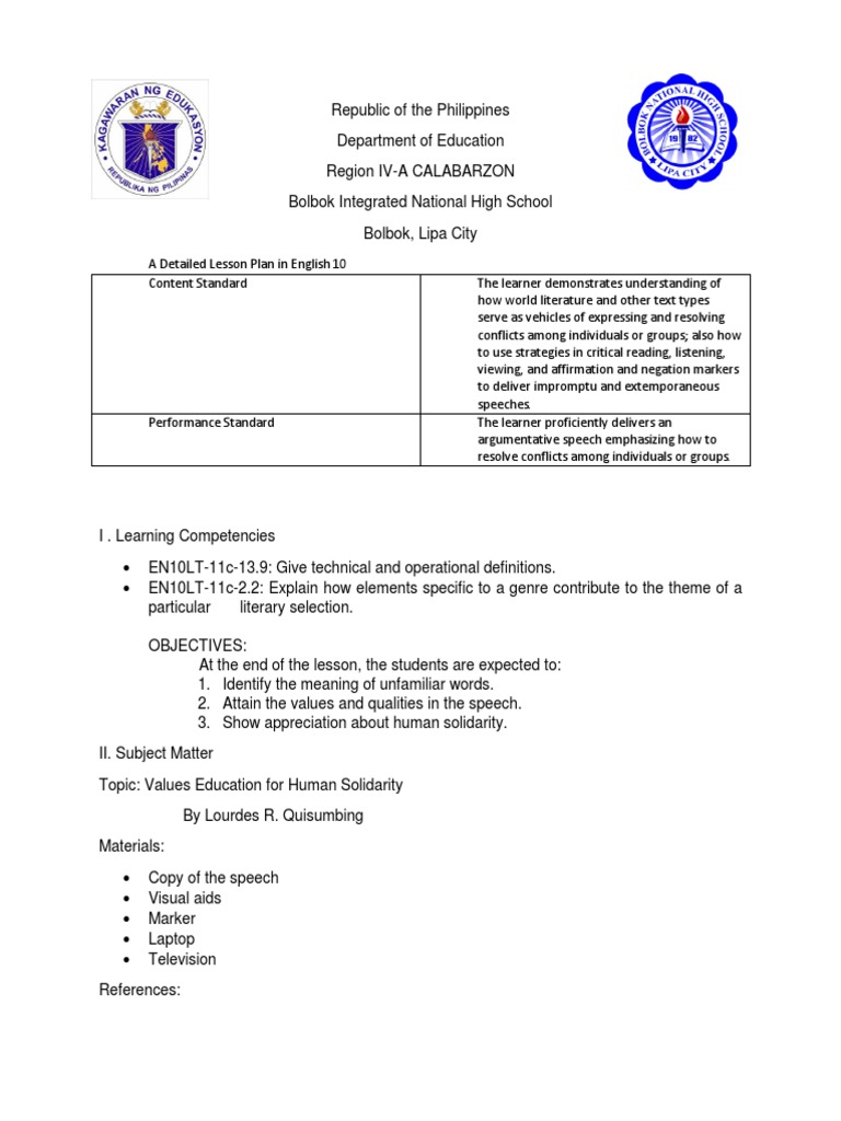English 10 Lesson Plan: Human Solidarity | PDF | Value (Ethics) | Learning