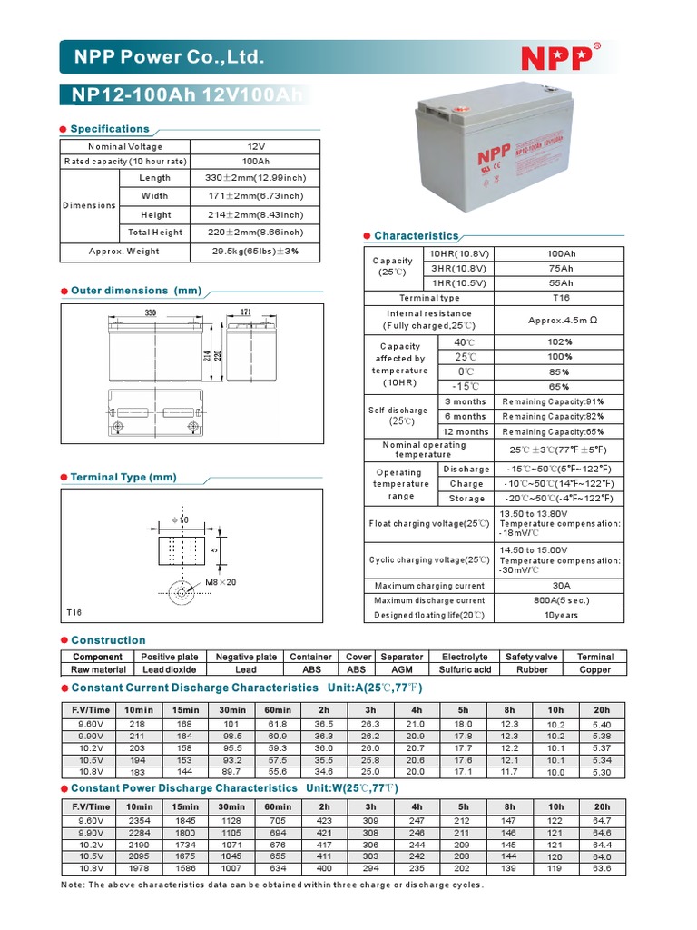NPP Power Co.,Ltd. 12V 100Ah Battery Specs | PDF | Energy Storage ...