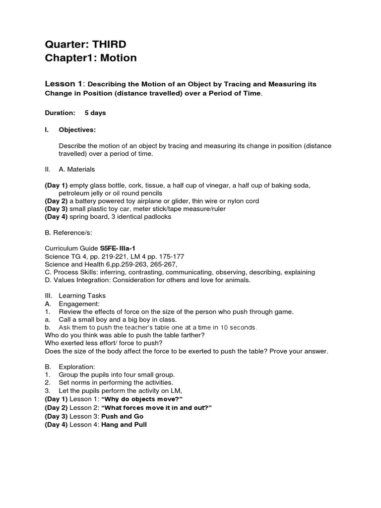 Quarter: THIRD Chapter1: Motion: Lesson 1 | PDF | Acceleration | Force