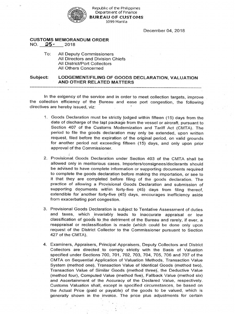 Cmo-25-2018 Lodgement Filing of Goods Declaration | PDF