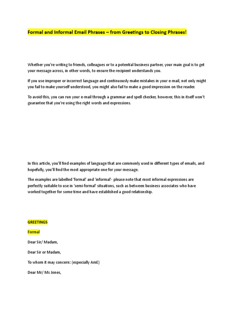 Formal and Informal Email Phrases - From Greetings To Closing Phrases | PDF
