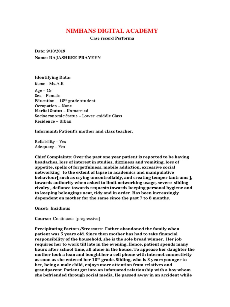 Case - Nimhans | PDF | Sibling | Psychotherapy