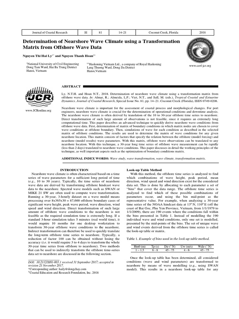Determination Of Nearshore Wave Climate Using A Transformation Matrix From Offshore Wave Data