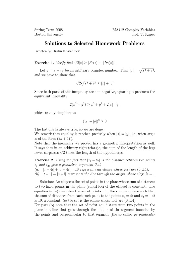 Solutions To Selected Homework Problems: Written By: Kalin Kostadinov | PDF | Ellipse | Complex ...