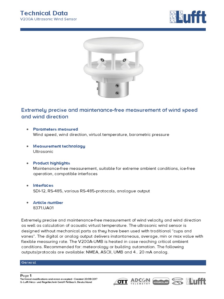 Lufft V200A Ultrasonic Wind Sensor | PDF | Sensor | Ultrasound