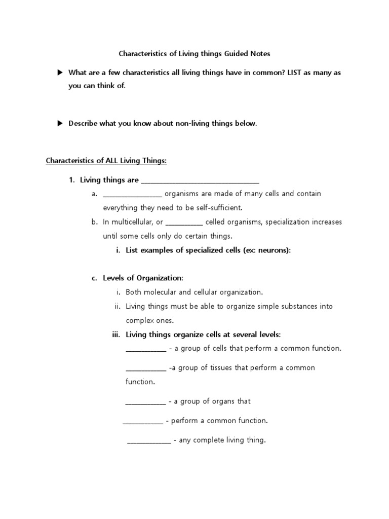 Characteristics of Living Things Guided Notes | PDF | Life | Organisms