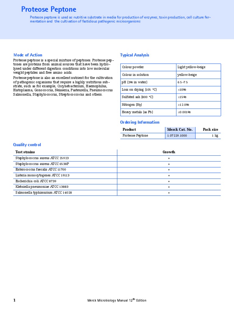 Proteose Peptone for Cultivating Microorganisms | PDF | Peptide | Protease