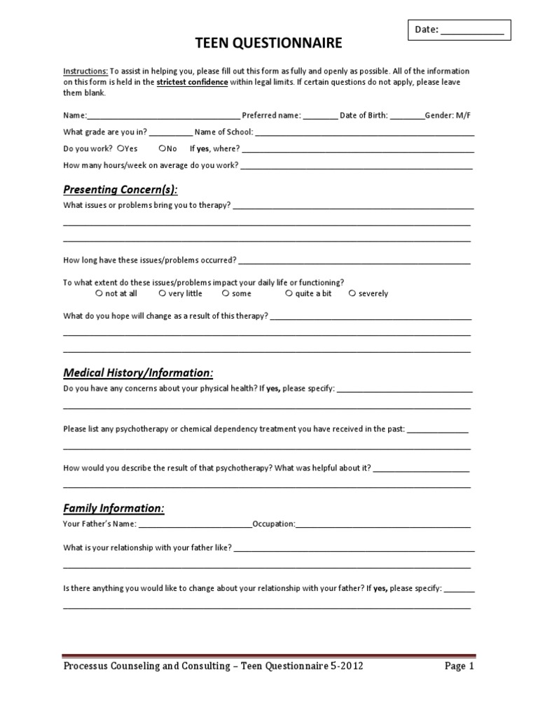 Teen Questionnaire: Presenting Concern(s) | PDF | Psychotherapy ...
