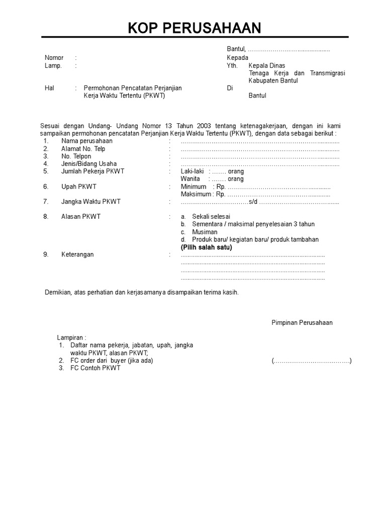 Contoh Permohonan PKWT | PDF