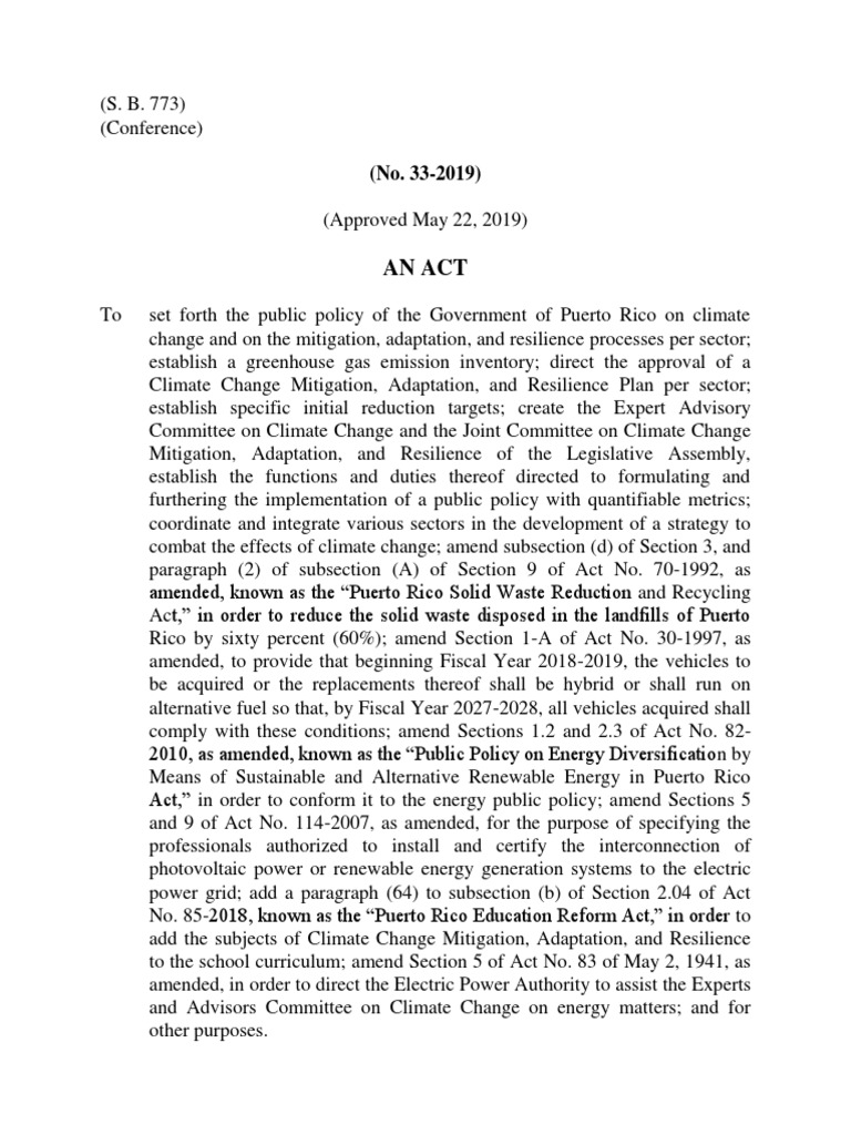 Act 33-2019 Climate Change | PDF | Greenhouse Gas | Climate Change ...