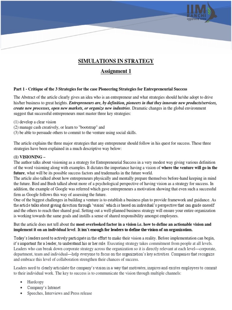 Simulations in Strategy Assignment 1 | PDF | Entrepreneurship ...