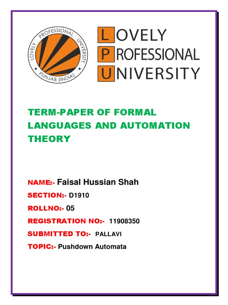 Term-Paper of Formal Languages and Automation Theory: Faisal Hussian Shah | PDF | Theoretical ...