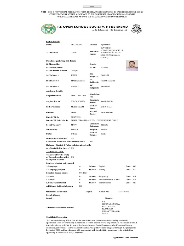 PRINT TOSS INTER Admissions Application Form | PDF