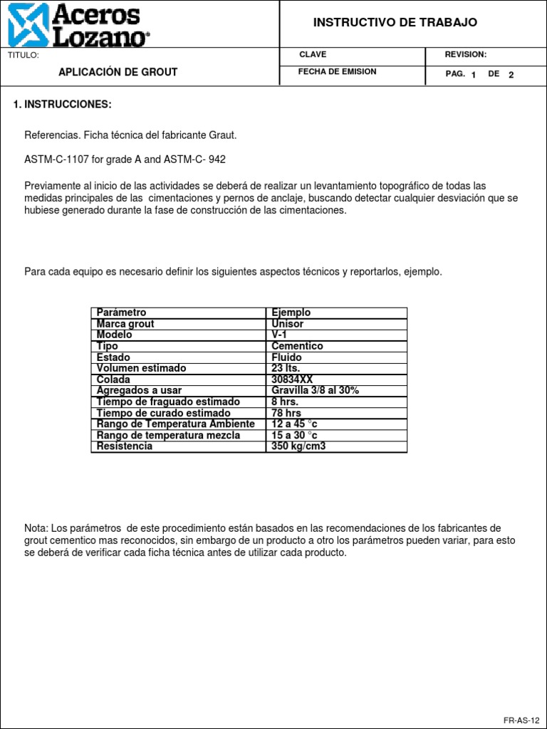 Aplicacion de Grout | PDF | Agua | Laboratorios