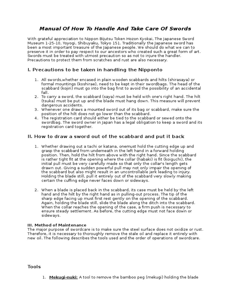 Manual of How To Handle and Take Care of Swords: I. Precautions To Be ...
