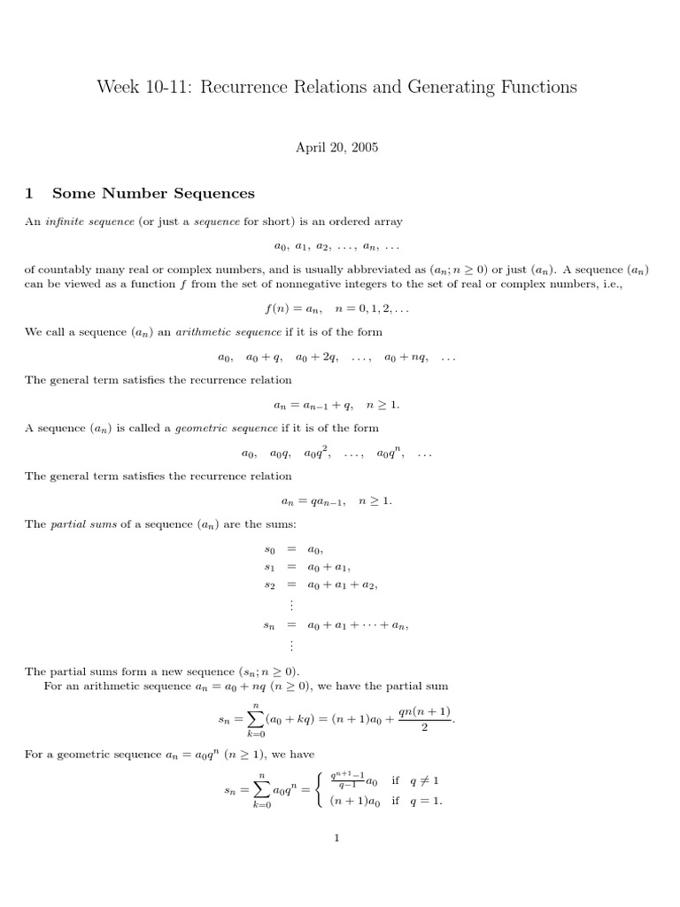 Week 10-11: Recurrence Relations and Generating Functions: 1 Some Number Sequences | Download ...