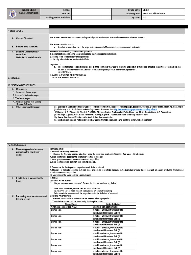 Grades 11 12 DAILY LESSON LOG | PDF | Minerals | Chemical Substances