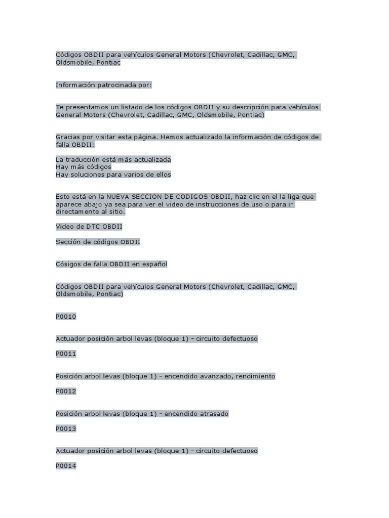 Listado de códigos OBDII y su descripción para vehículos General Motors ...