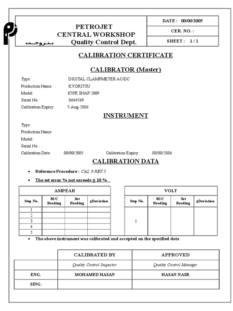 Calibration Certificate Form | PDF