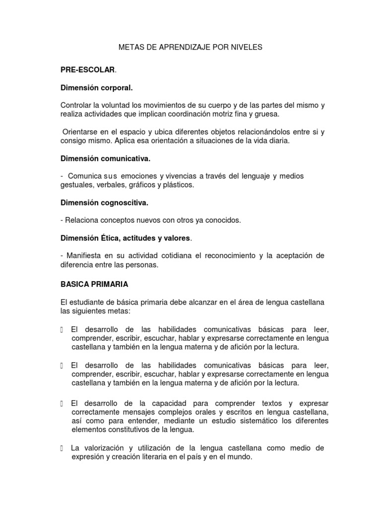 Metas de Aprendizaje Por Niveles | PDF | Escritura | Ciencia cognitiva