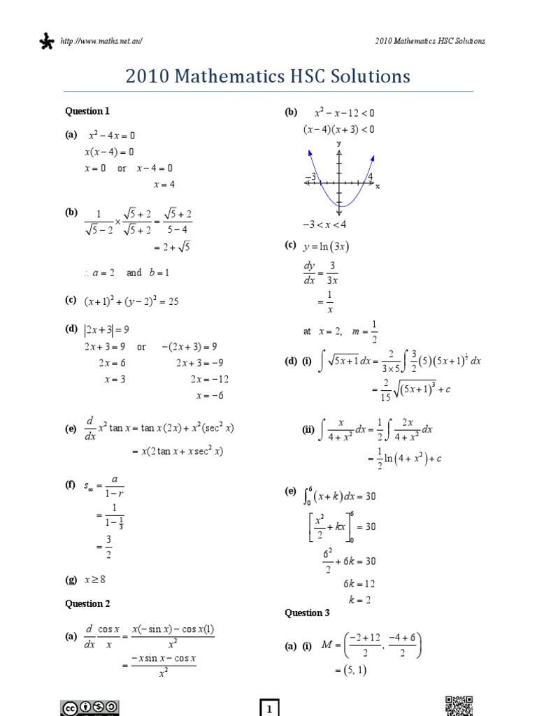 2010 Mathematics HSC Solutions | PDF | Trigonometric Functions ...