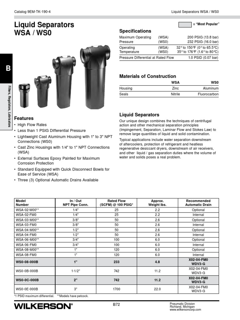 Liquid Separators Wsa / Ws0: Specifications | PDF | Liquids | Pressure