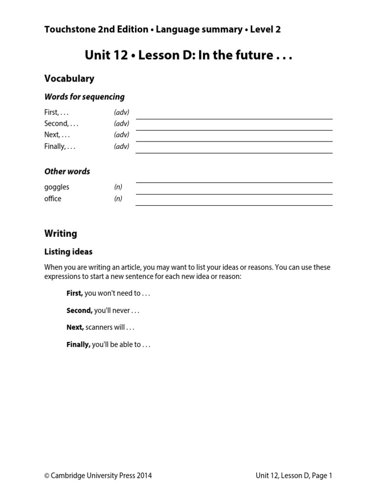 Unit 12 - Lesson D: in The Future - . .: Touchstone 2nd Edition - Language Summary - Level 2 | PDF