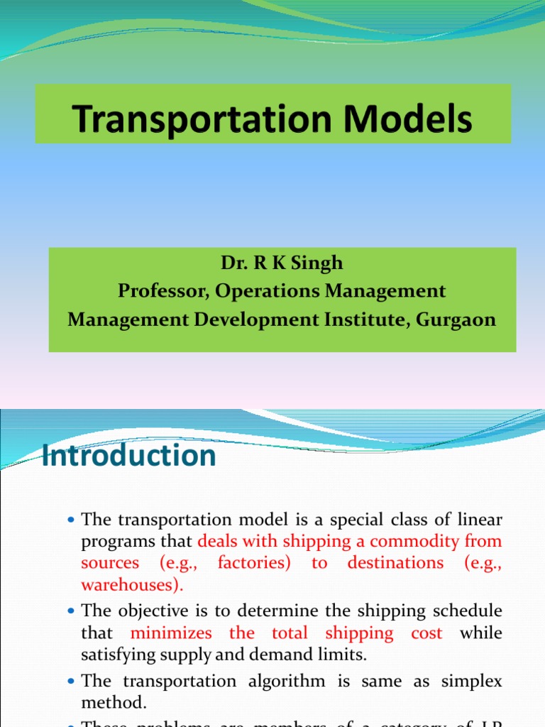 Setting Up and Developing Initial Solutions for the Transportation ...