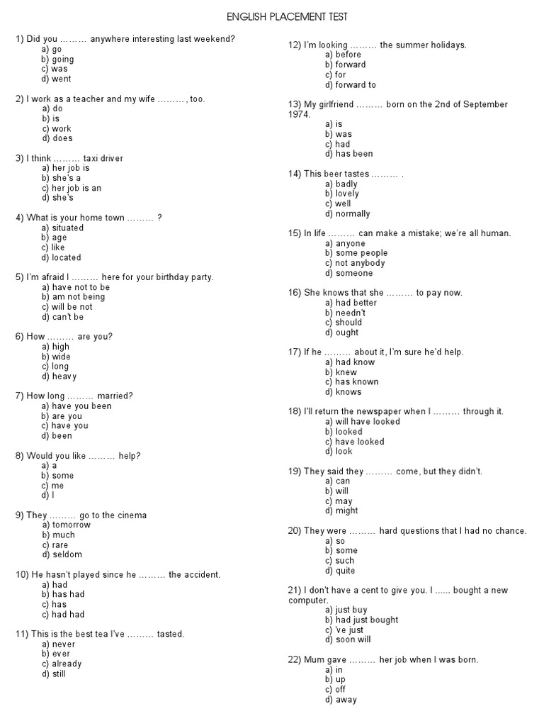 English Placement Test with Answers | PDF