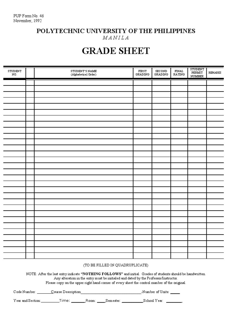 Blank Grade Sheet
