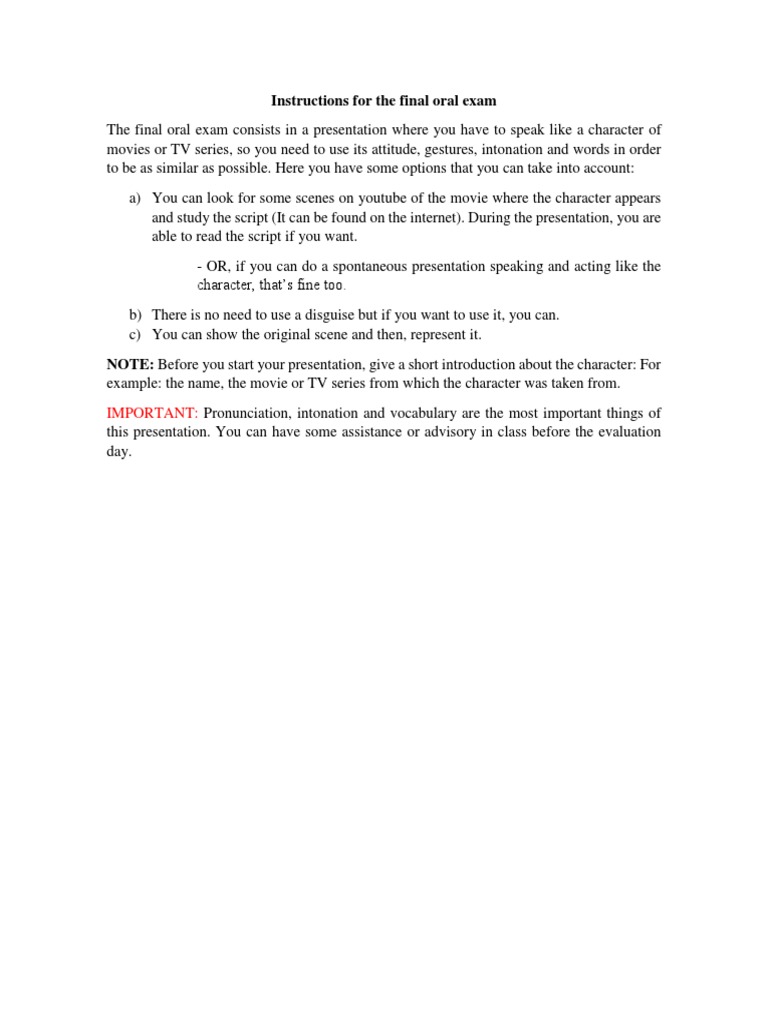 Instructions For The Final Oral Exam: Important | PDF