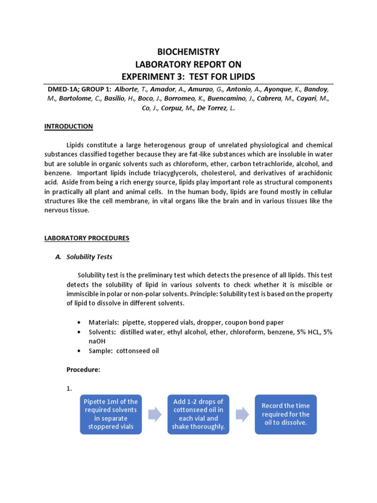 Biochemistry Laboratory Report On Experiment 3: Test For Lipids | PDF ...
