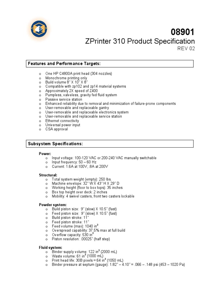 ZPrinter 310 Product Specification PDF | PDF | Manufactured Goods ...