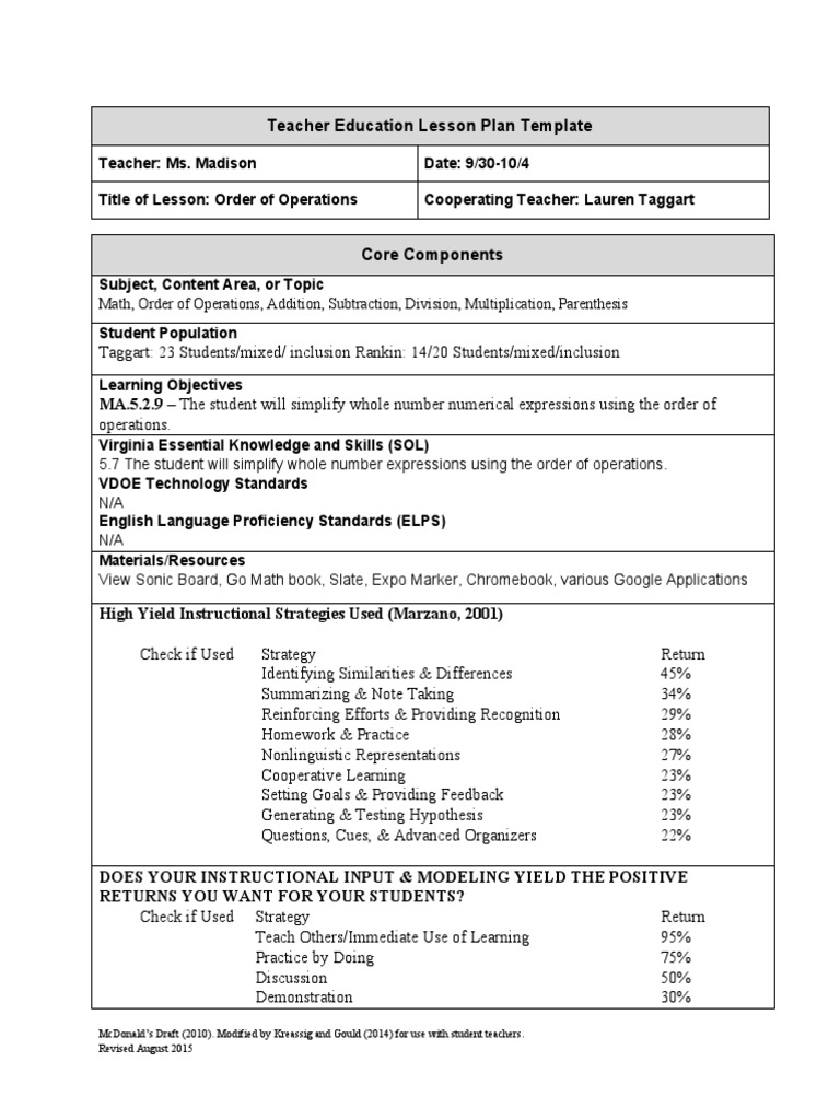 Teacher Education Lesson Plan Template | PDF | Lesson Plan | Learning