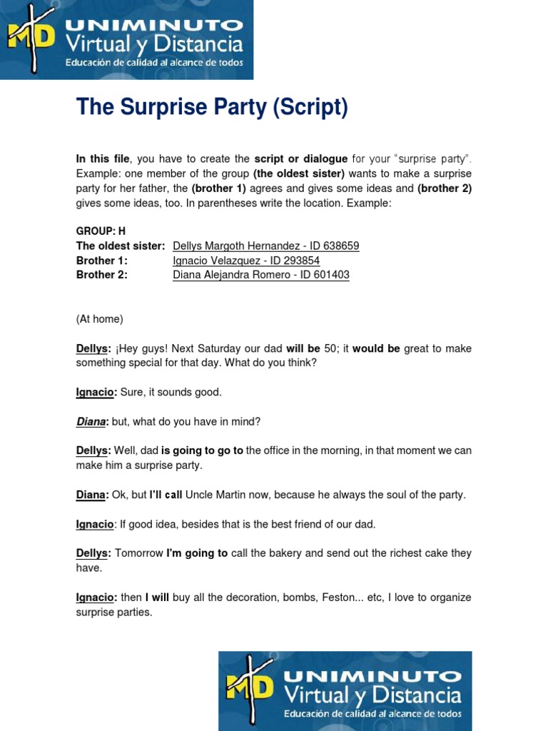 The Surprise Party (Script) : Group: H | PDF