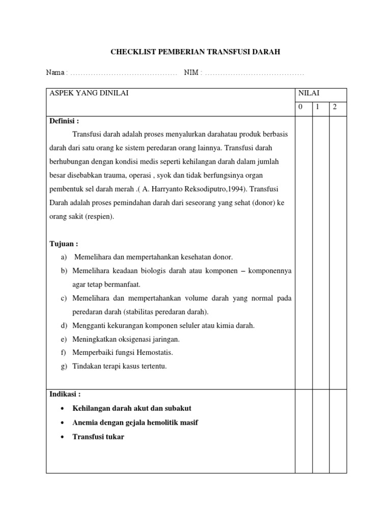 Checklist Pemberian Transfusi Darah | PDF