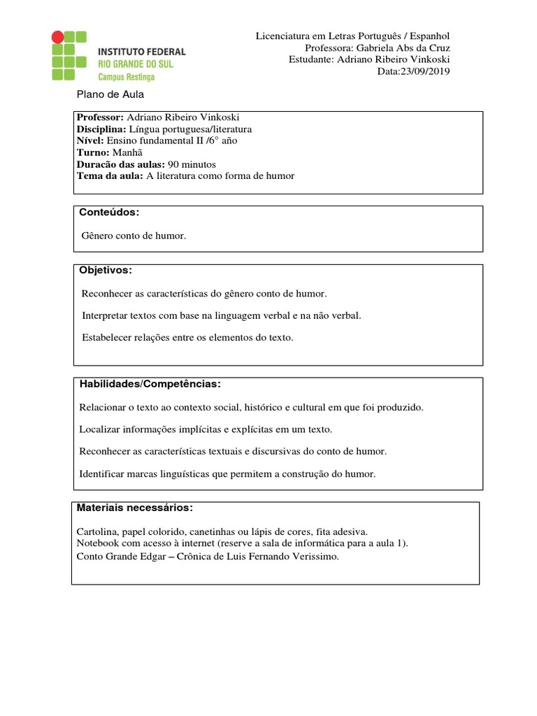 Plano de Aula | PDF | Contos | Tempo
