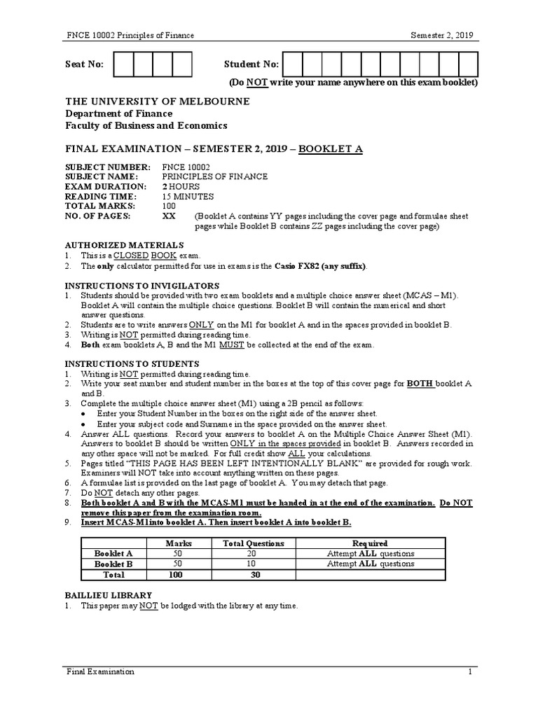 Principle of Finance Formula Sheet | PDF | Multiple Choice | Test ...