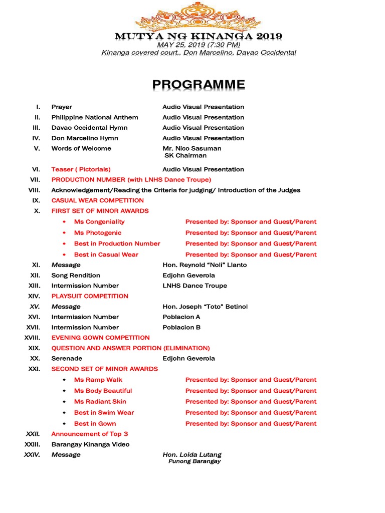 Programme: Mutya NG Kinanga 2019 | PDF | Leisure | Sports