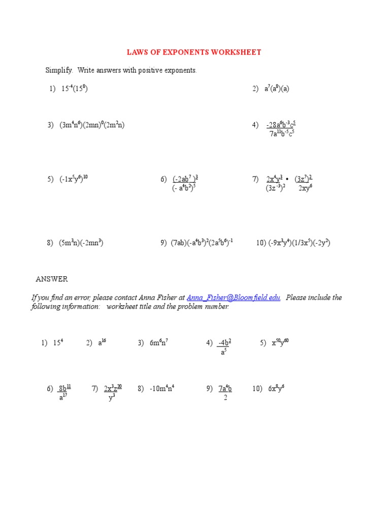 Exponents Simplification Worksheet | PDF | Teaching Methods & Materials | Science & Mathematics