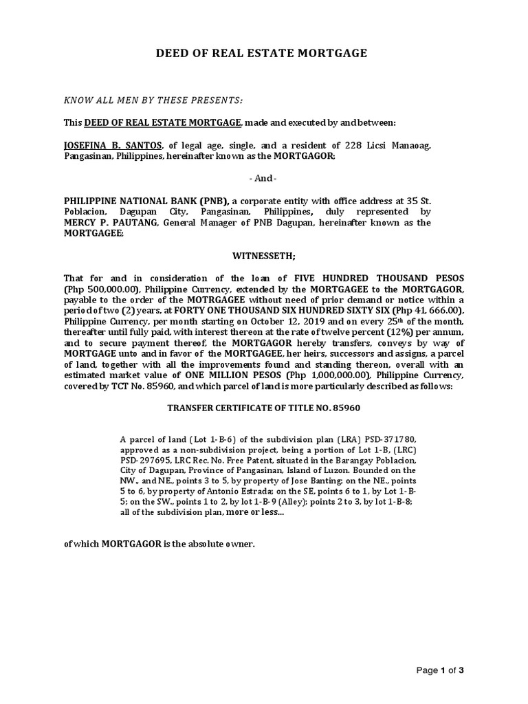Deed of Real Estate Mortgage | Download Free PDF | Mortgage Law ...