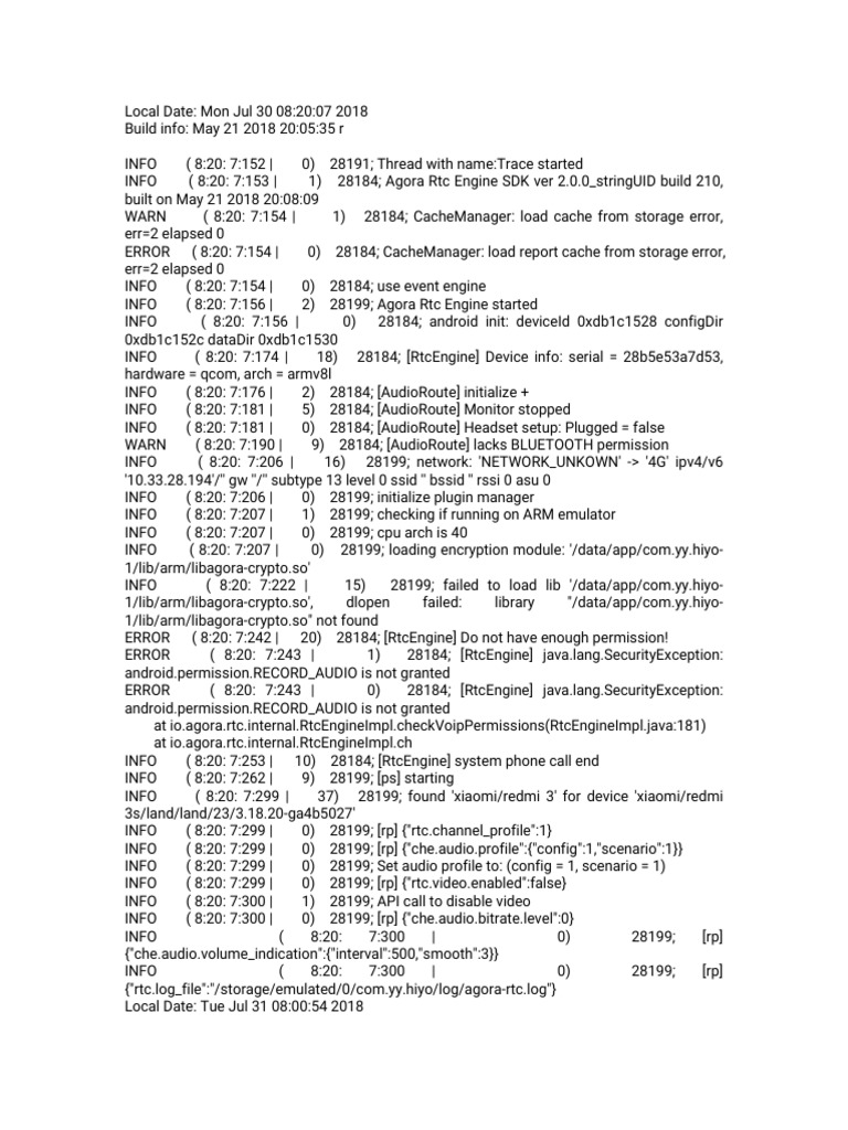 Agora SDK Initialization Logs | PDF | Bluetooth | Mobile App