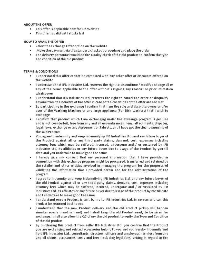 Exchange Offer Terms and Conditions: A Guide to IFB's Appliance ...
