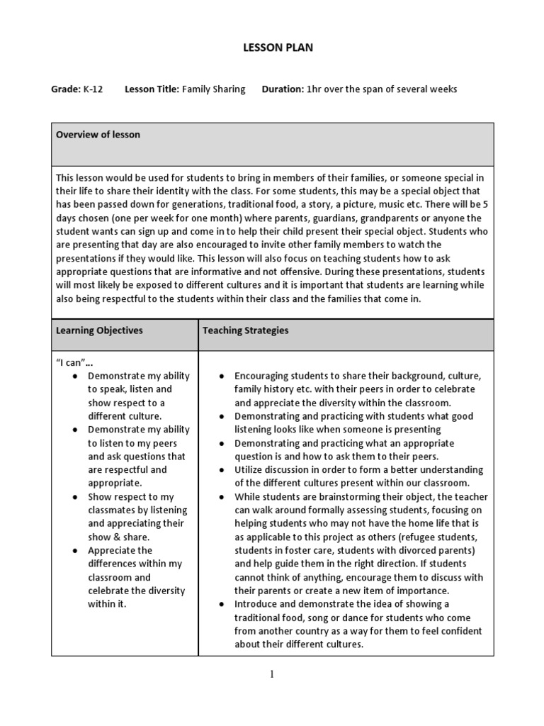 Family Sharing Lesson Plan | PDF | Learning | Behavior Modification