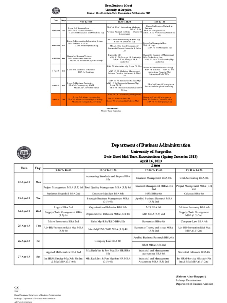 2019 Fall Mid Term Date Sheet | PDF | Master Of Business Administration ...